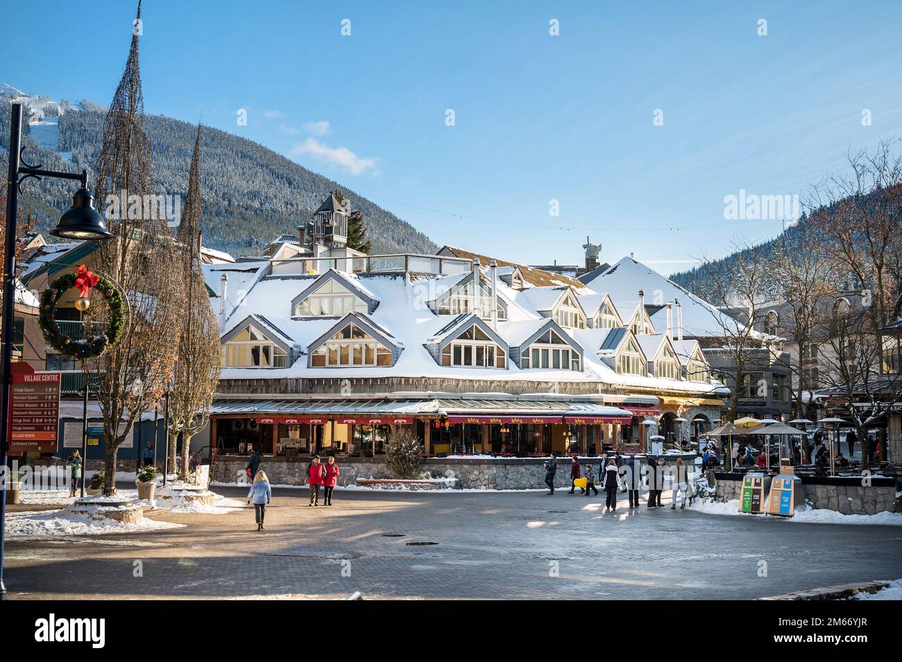 The Whistler Village on a winter morning with sunny weather and fresh ...