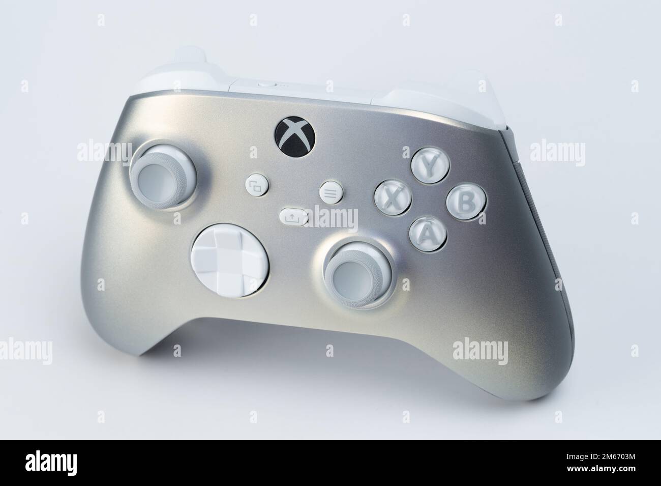New york, USA - December 28, 2022: Silver xbox series x controller perspective view isolated on ...