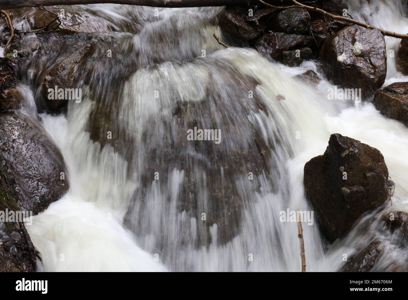 Close up of rushing water flowing over boulders of a waterfall in the ...