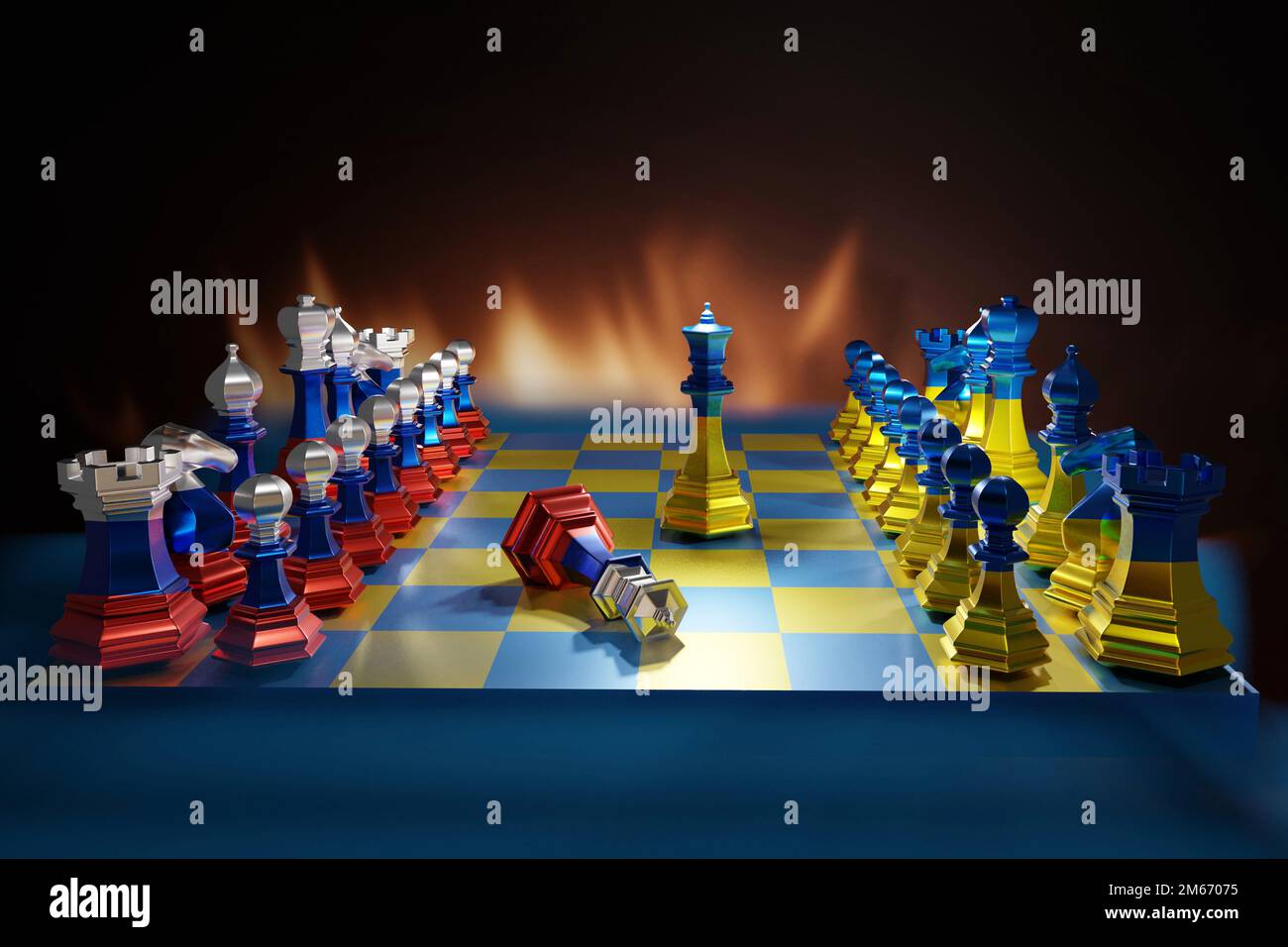 Ukraine flag and Russia flag on chess. Chess game. Ukraine wins the war ...