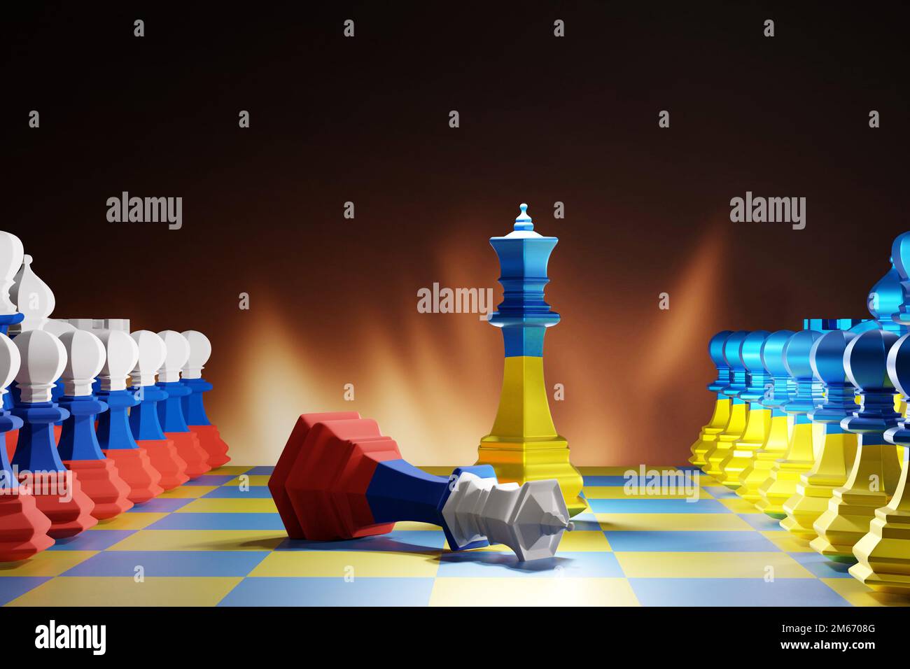 Ukraine flag and Russia flag on chess. Chess game. Ukraine wins the war ...