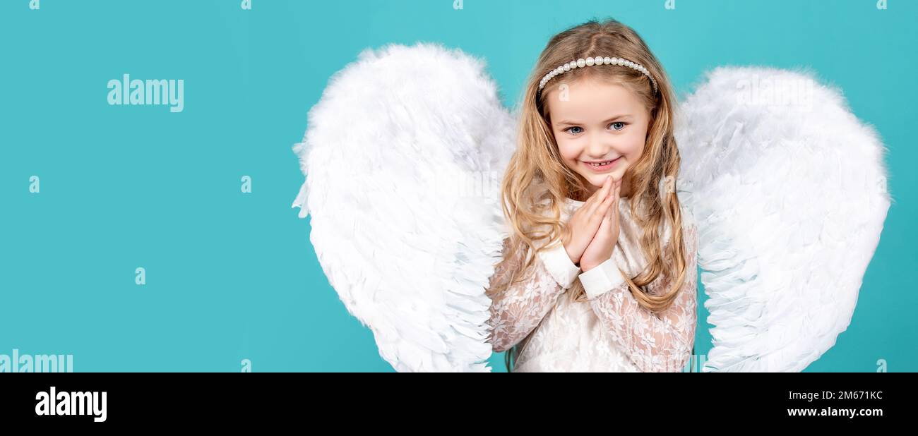 Angel child banner, isolated studio background. Beautiful little angel ...