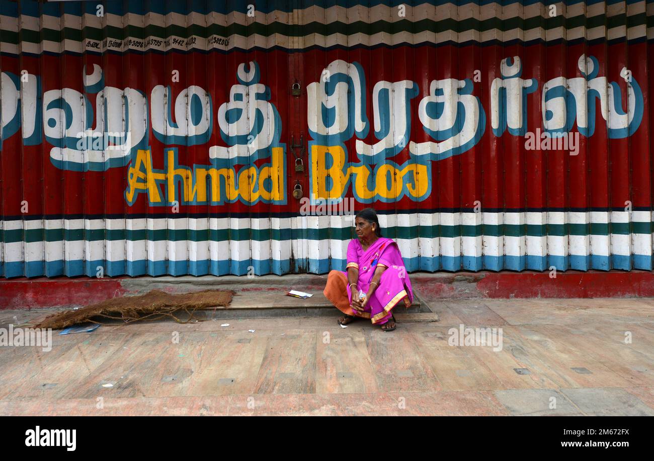 A Tamil woman dressed in a pink sari in Madurai, Tamil Nadu, India ...