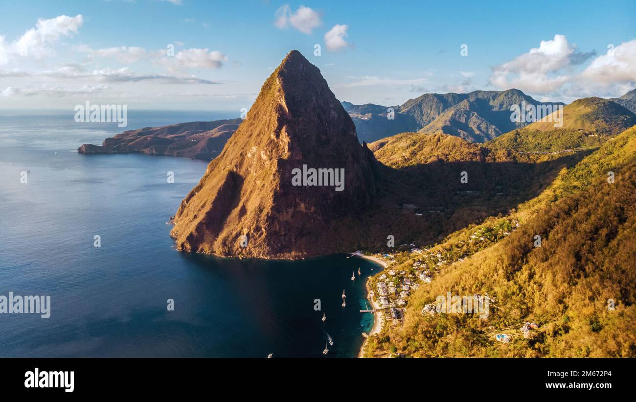 Saint Lucia Caribbean Island, huge Piton mountains at the beach of the ...