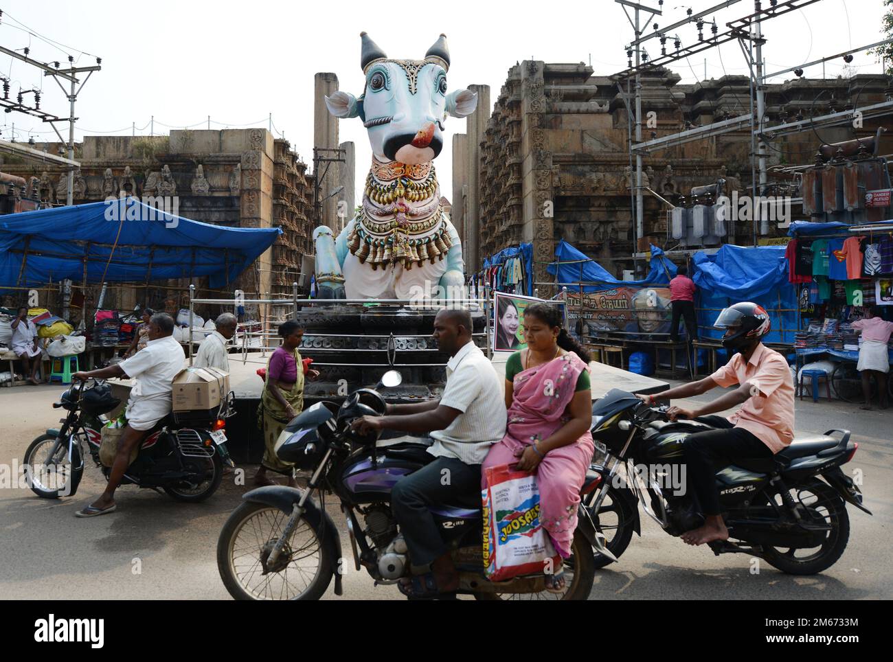 Nandi (Shiva’s bull) statue in a roundabout in the old city of Madurai ...