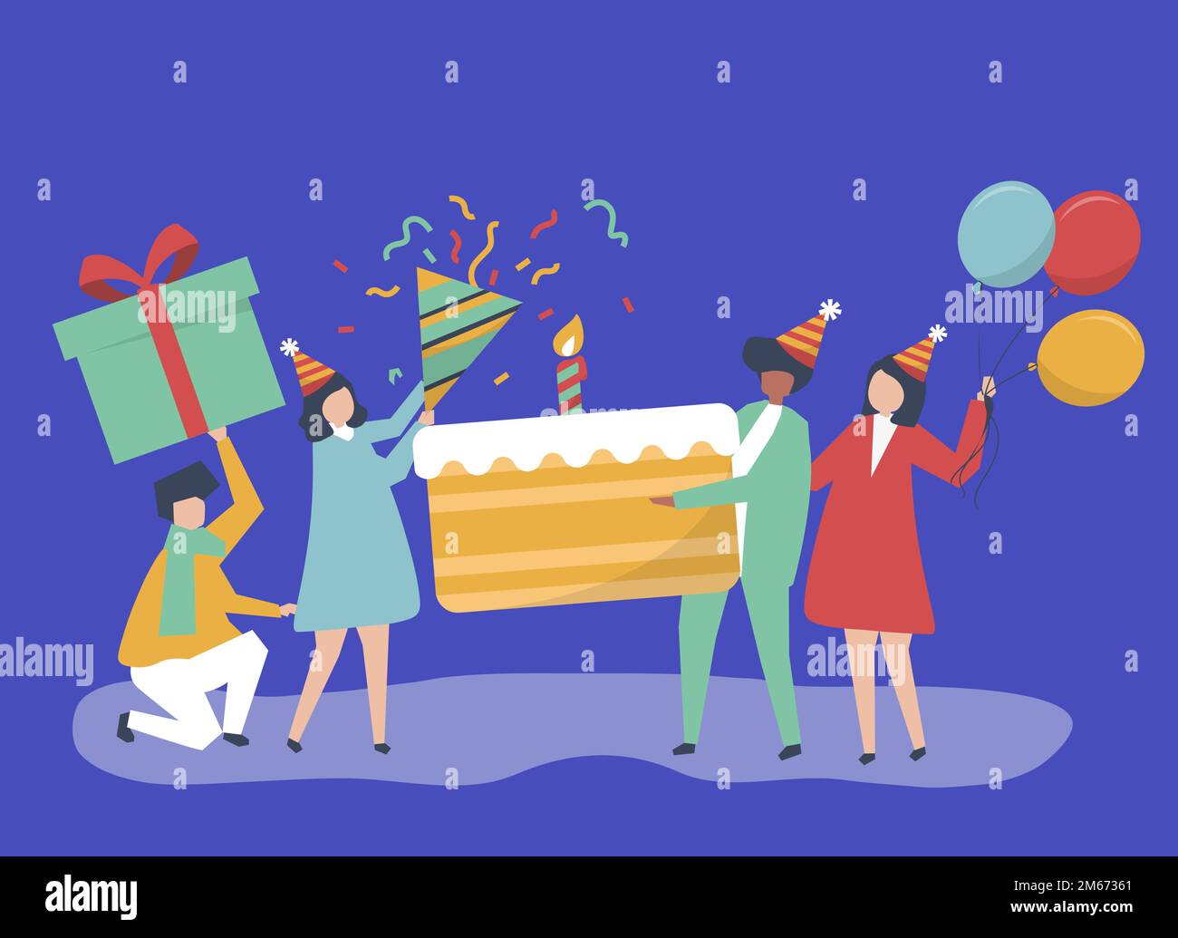 Character illustration of people holding birthday party icons Stock ...