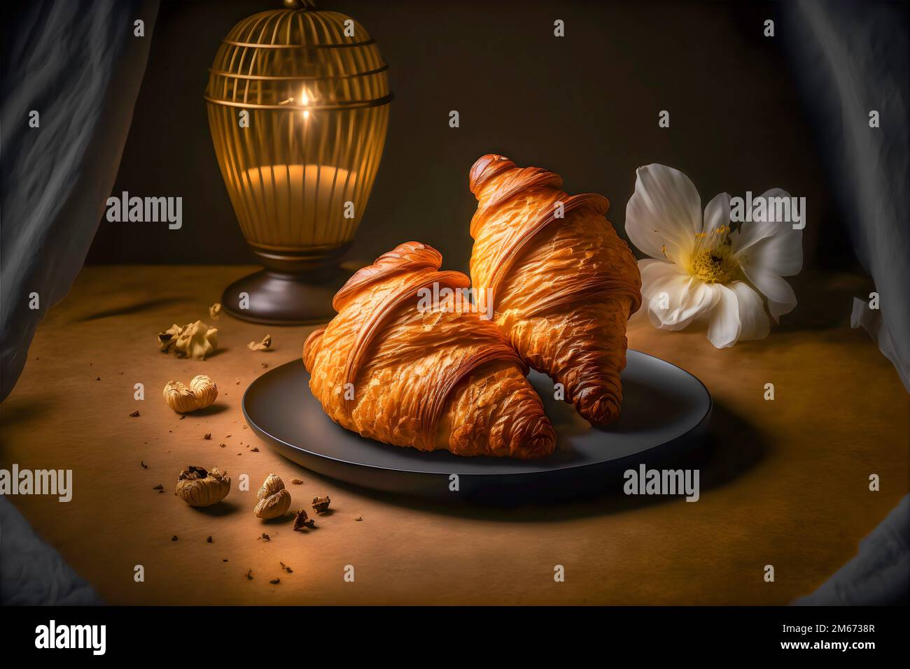 flaky, buttery layers of a freshly baked croissant. The warm, golden-brown color and steam ...
