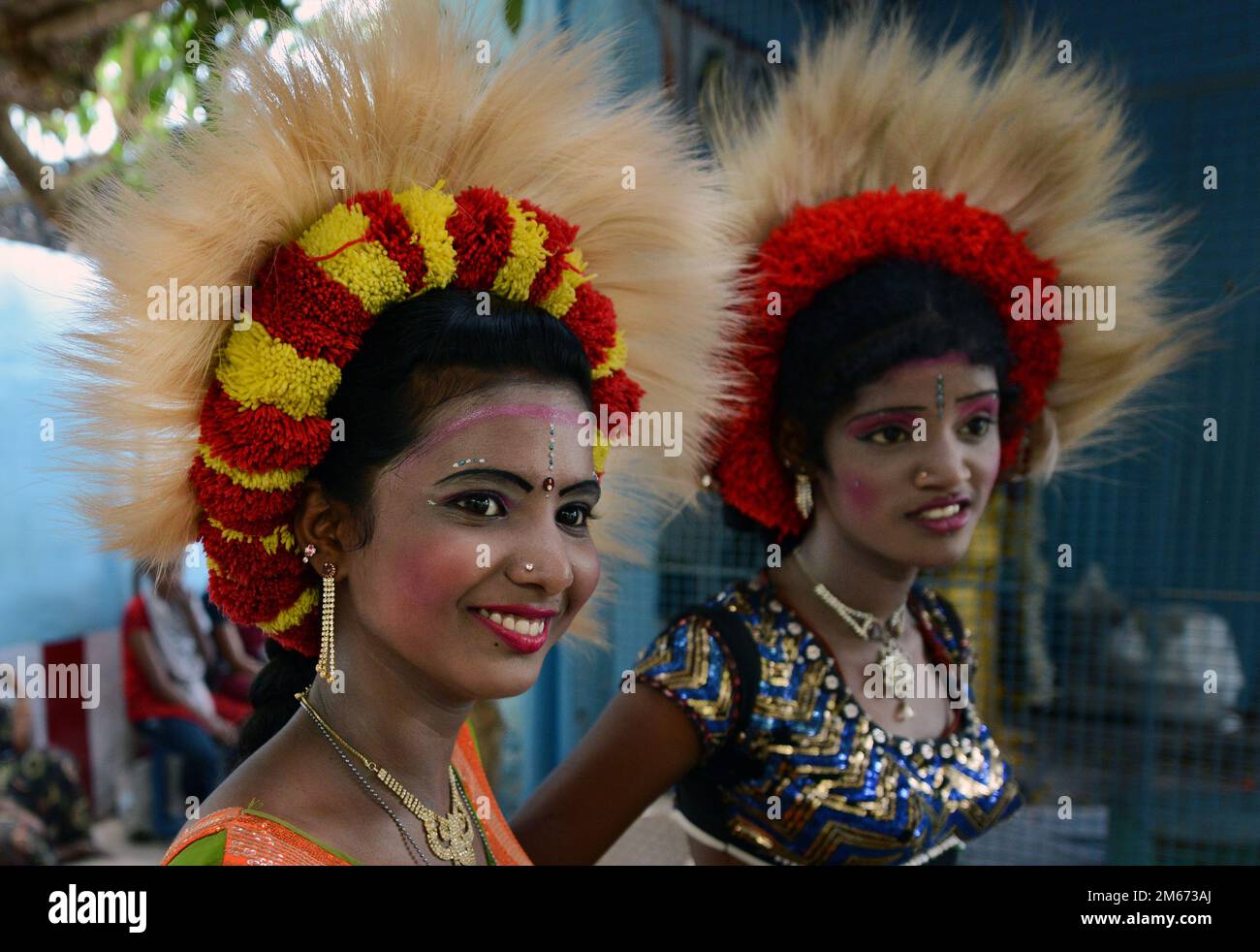Tamil dancers preparing to perform in a cultural event in Madurai ...