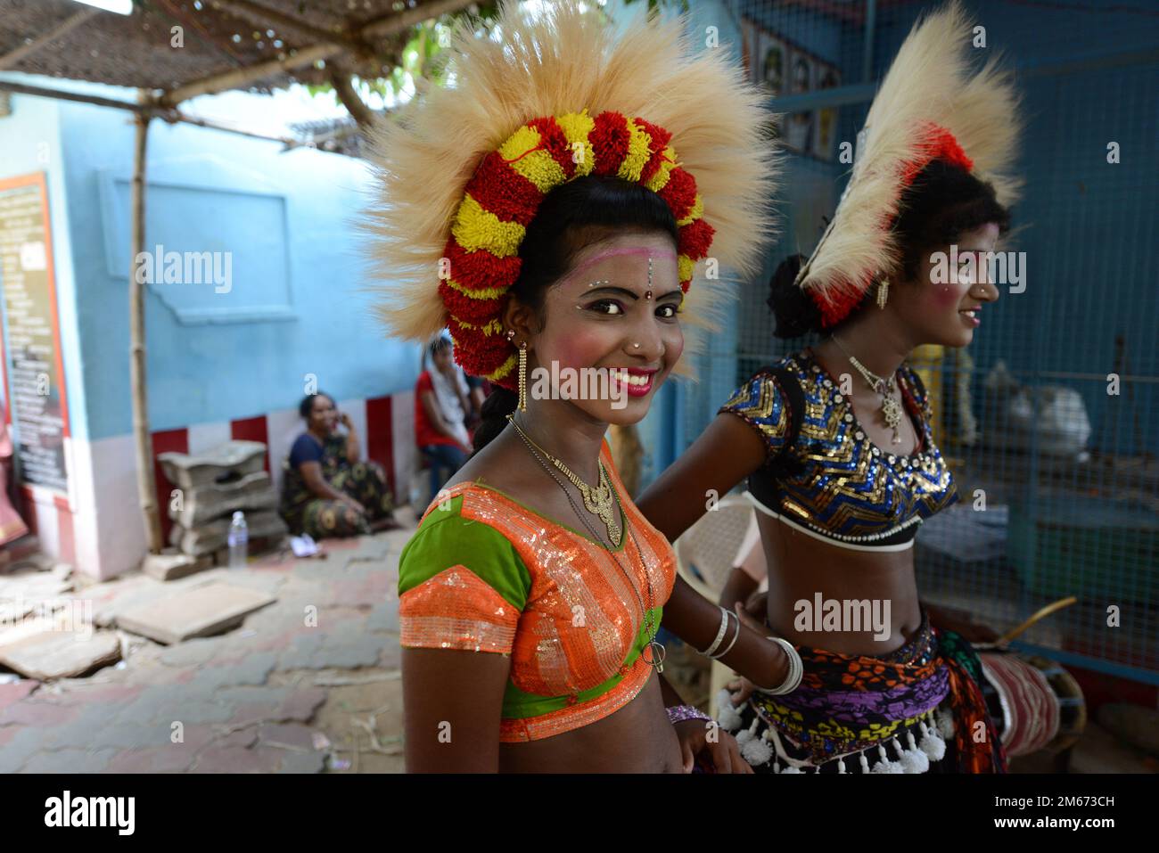 Tamil dancers preparing to perform in a cultural event in Madurai ...