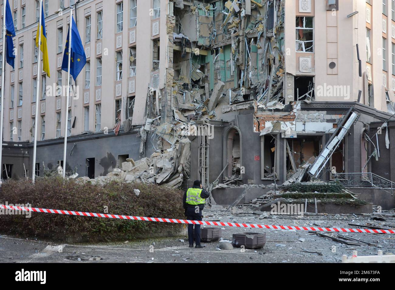 Kyiv, Ukraine. 31st Dec, 2022. A view of damage after rockets fired by ...