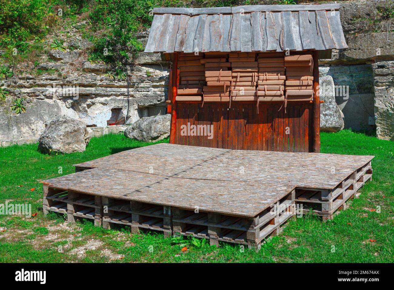Wooden stage for outdoor concert . Village scene for open air concert ...