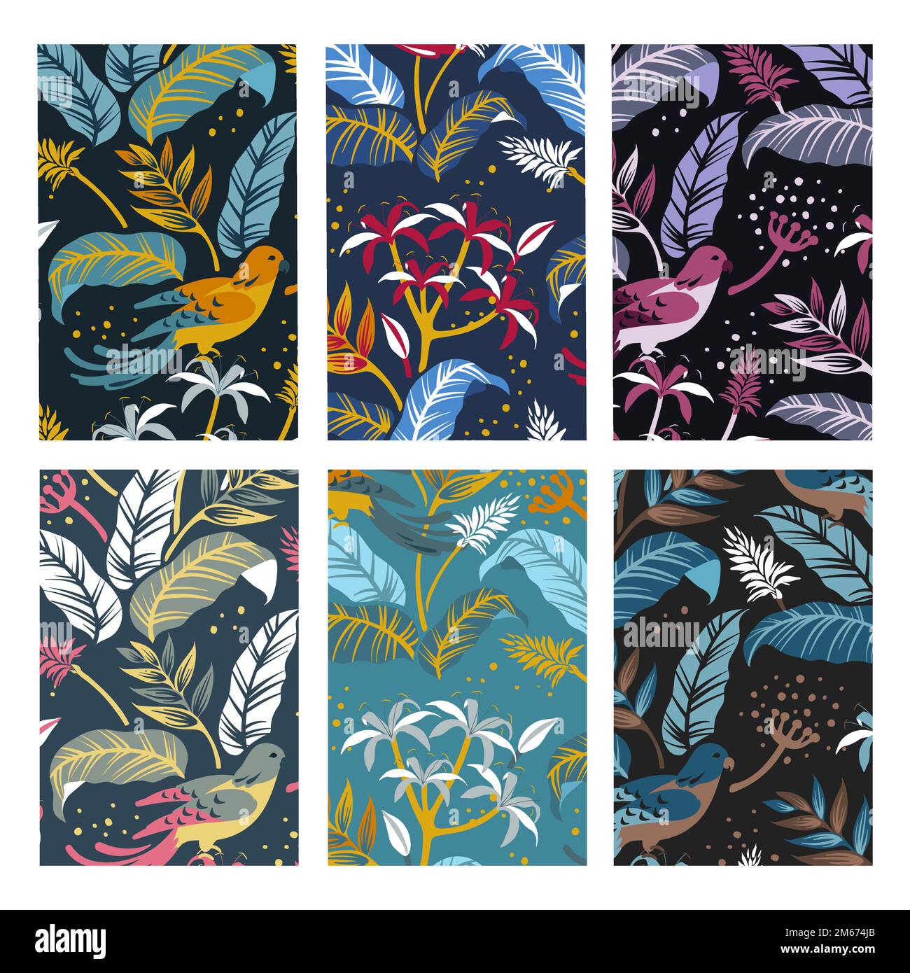 Colorful birds in nature seamless patterned backgrounds set vector ...