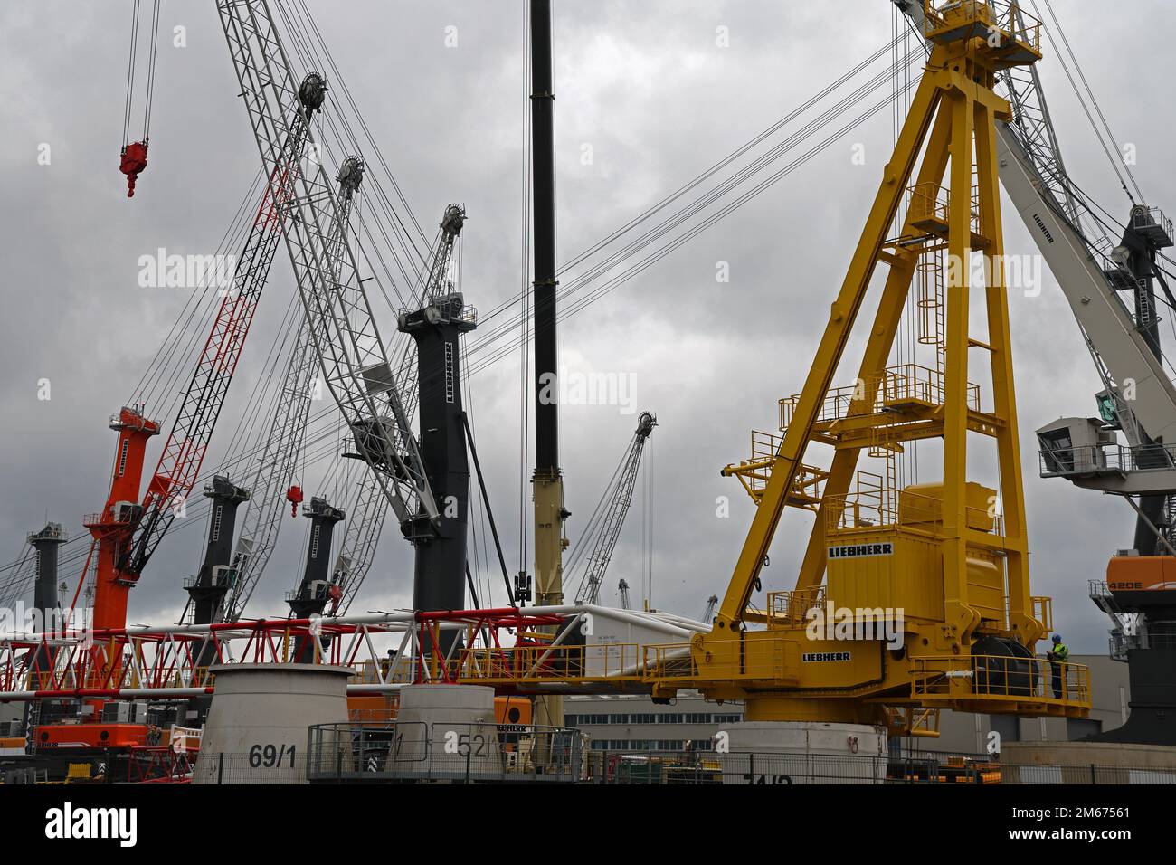 Rostock, Germany. 02nd Jan, 2023. New mobile harbor cranes and offshore cranes are awaiting ...