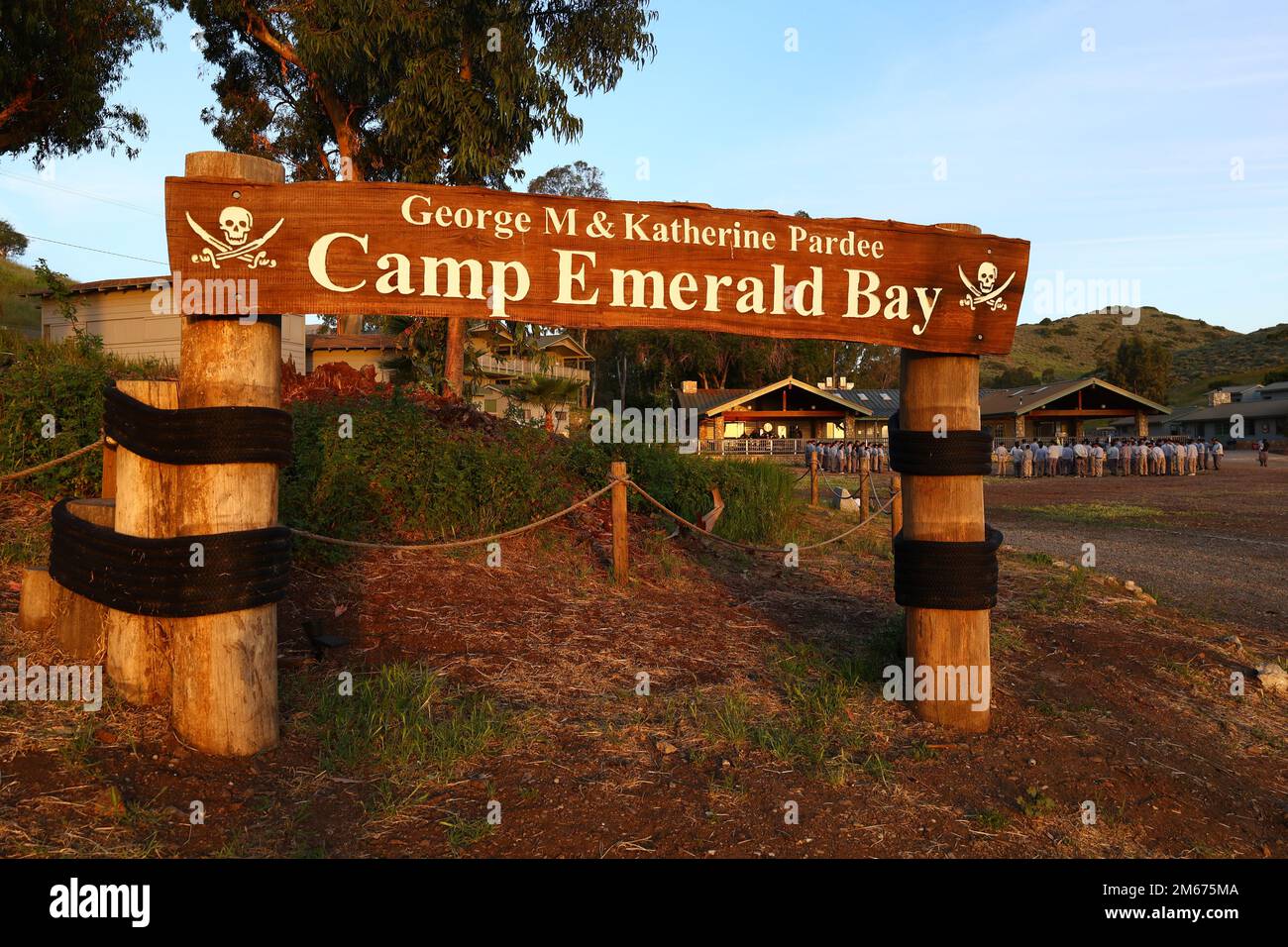 The Camp Emerald Bay Scout camp sign is seen at sunrise on Catalina Island, California, April 9 ...