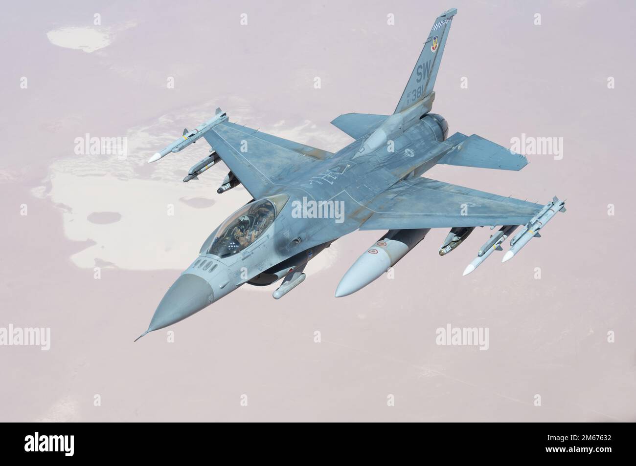 A U.S. F-16 Fighting Falcon aircraft assigned to the 55th Expeditionary ...