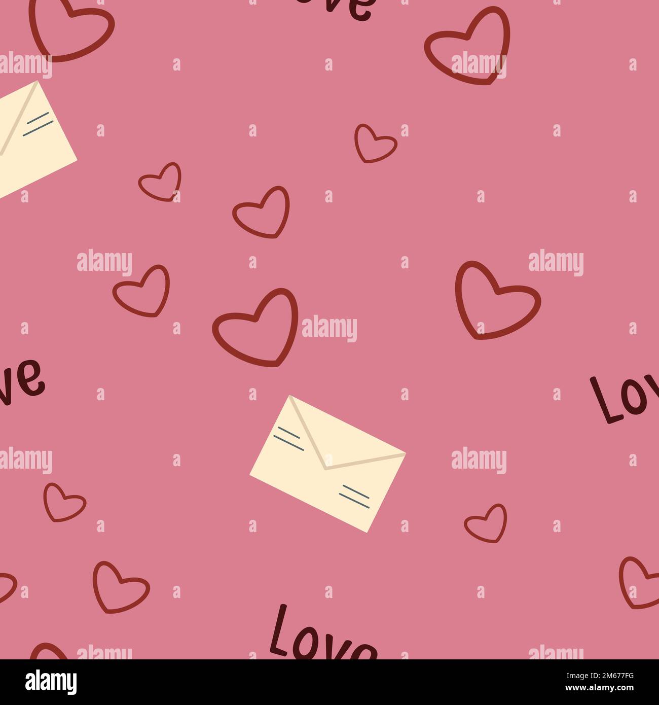 Hearts seamless pattern with handwritten words love, textured envelopes ...