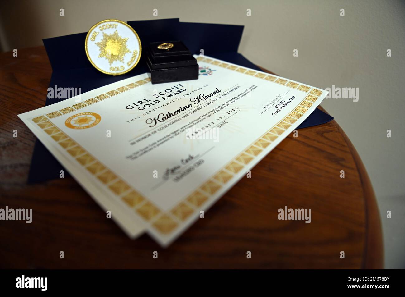 A Girl Scout Gold Award patch, pin and certificate stand ready to be ...