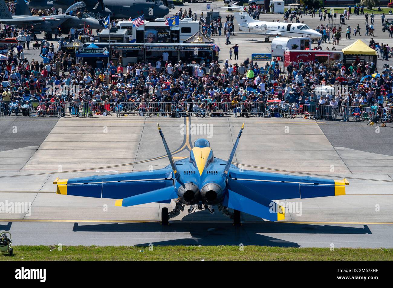 A crowd views a F/A-18 Super Hornet owned by the U.S. Navy Flight ...