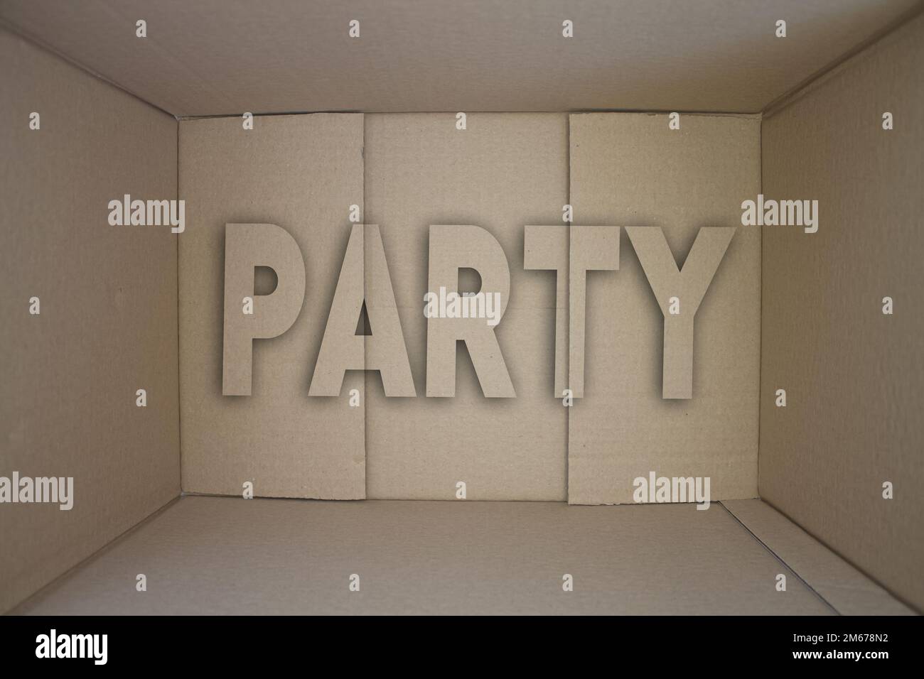Party word with cardboard box. Brown folded card box Stock Photo - Alamy