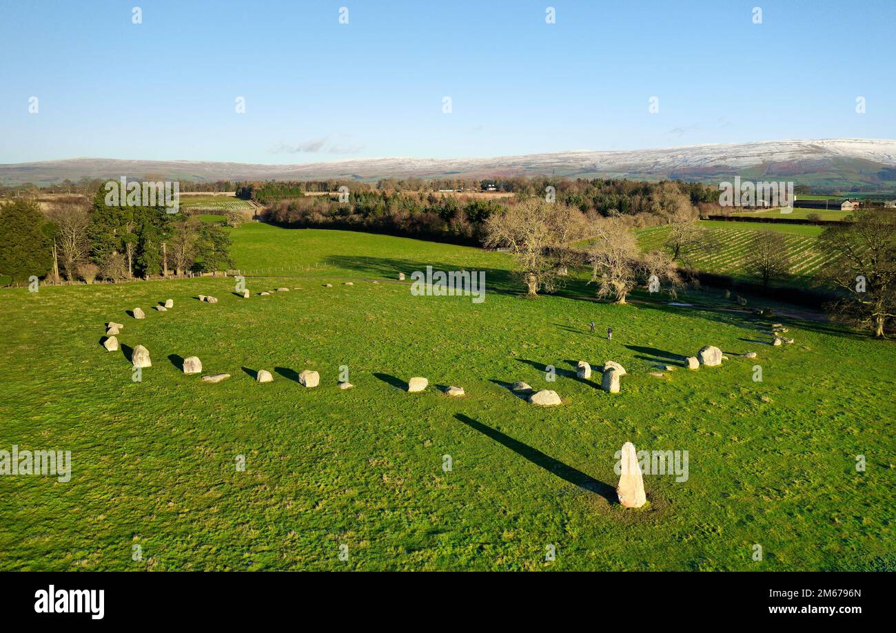 Long Meg and Her Daughters stone circle. Prehistoric Neolithic monument ...