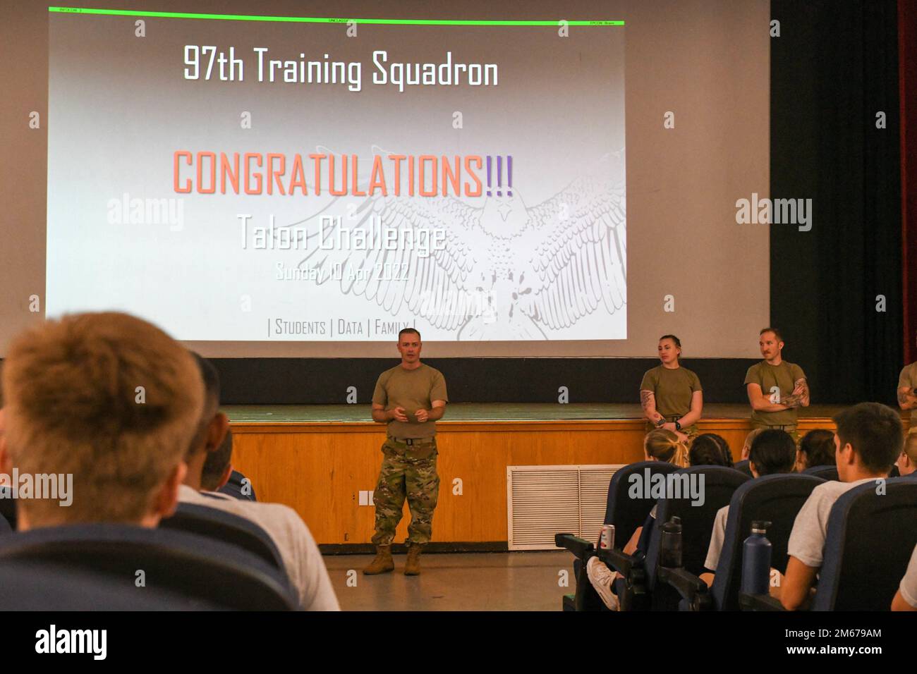 U.S. Air Force Lt. Col. Matthew Tarnowski, 97th Training Squadron commander, debriefs students ...
