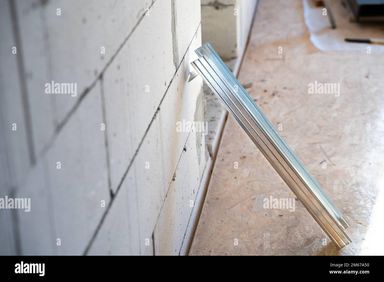 Close-up of a metal profile prepared for a frame wall. Cropped and ...