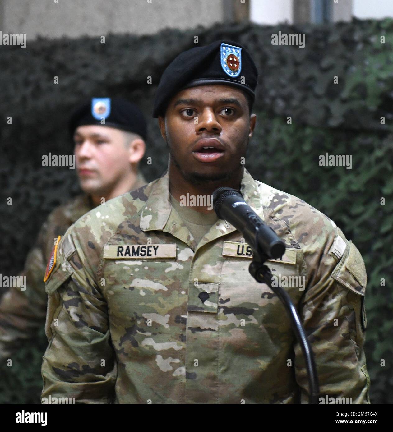 U.S. Army Spc. Isaiah Ramsey, with the 512th Field Hospital sings the ...