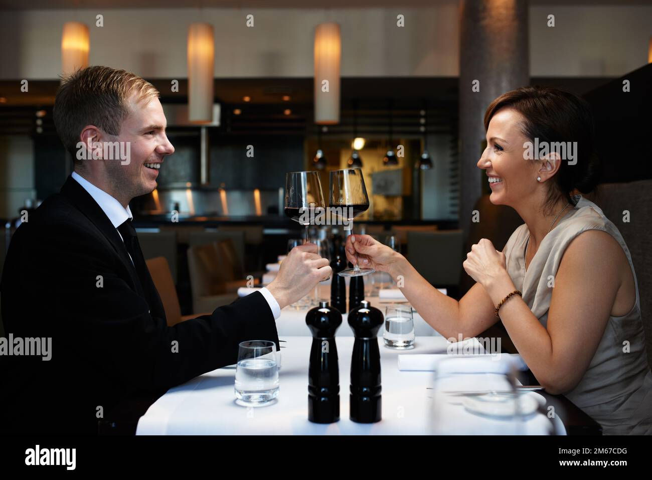 Giving themselves a toast. a couple having dinner in a restaurant Stock ...