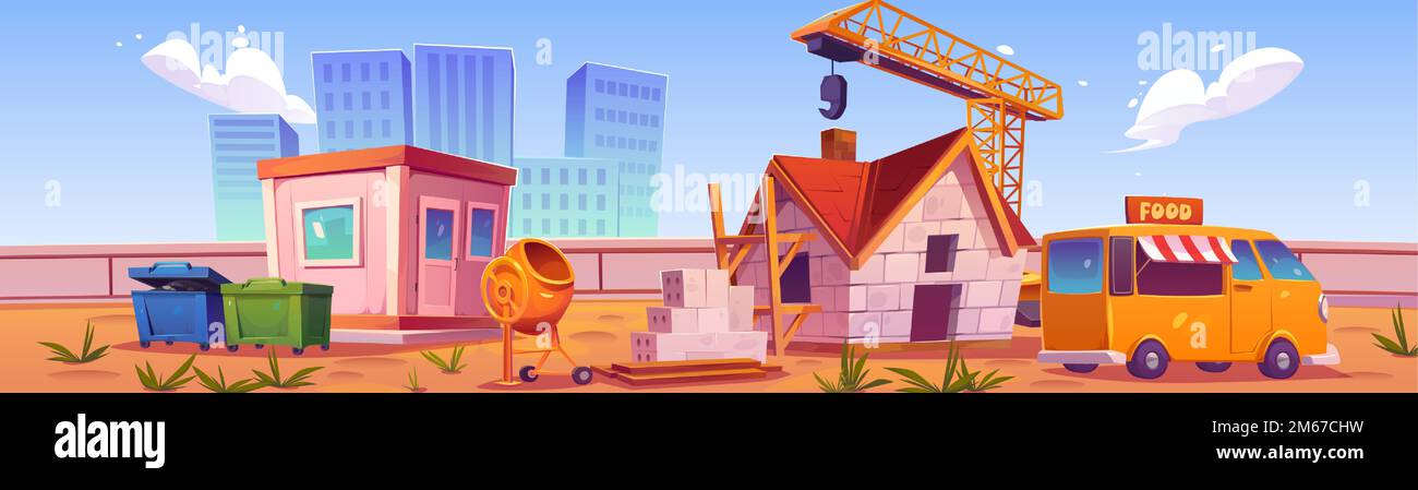 House construction site against cityscape background. Suburb ...