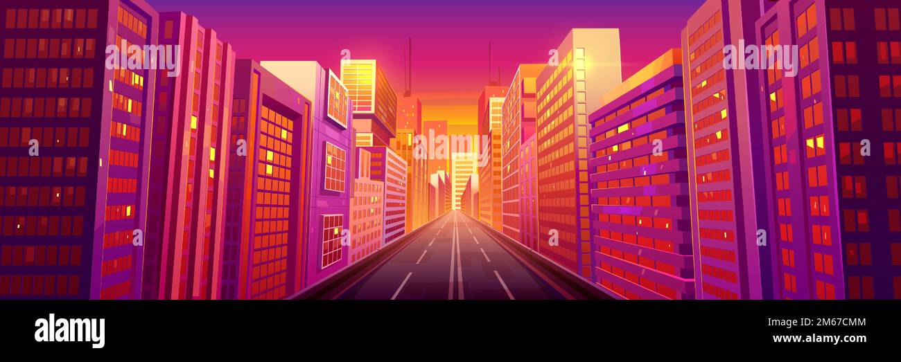 City street with road at early morning, empty sunset driveway, walkway ...