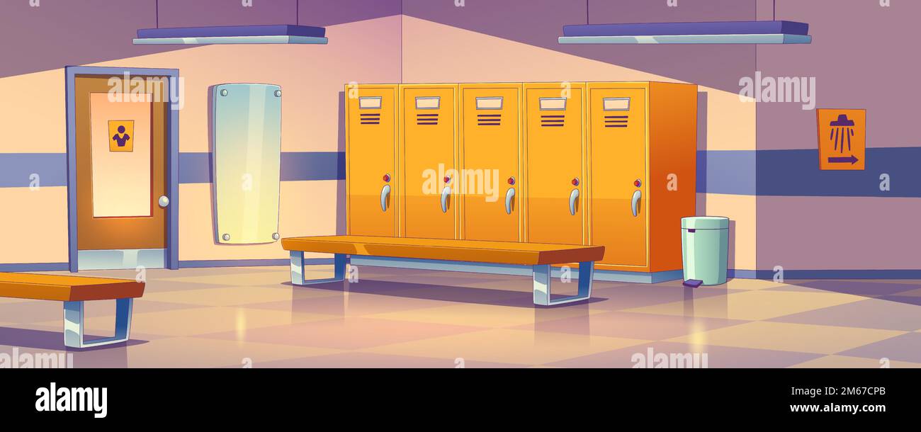 Empty dressing room background with individual metal lockers, benches ...