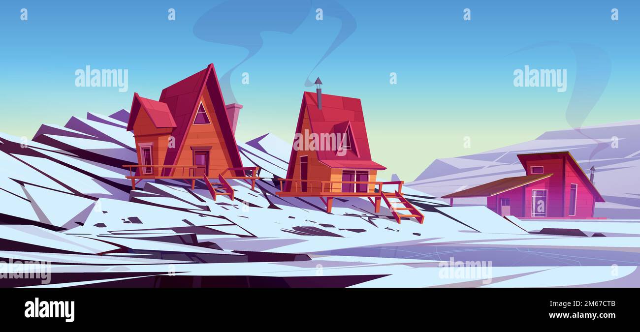 Winter mountain landscape with chalet houses, white snow, frozen lake ...