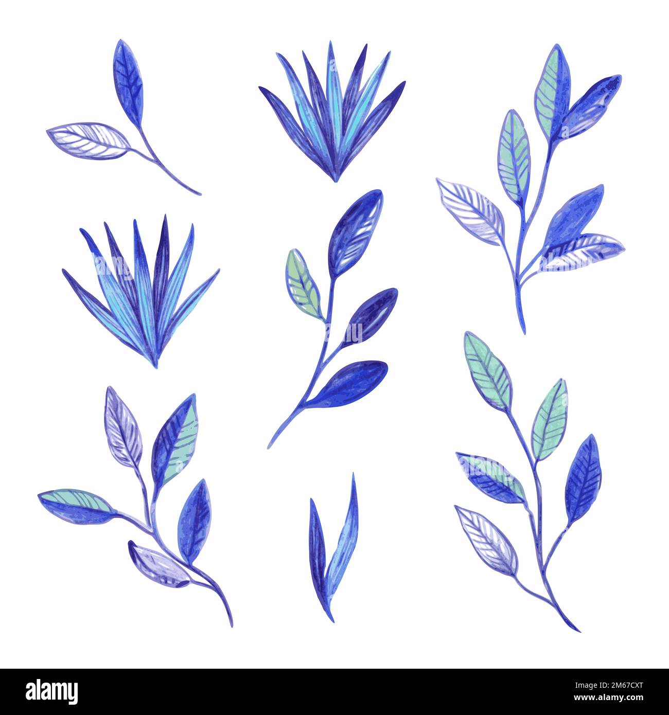 Minimalist hand drawn abstract blue branches and leaves. Modern trendy ...