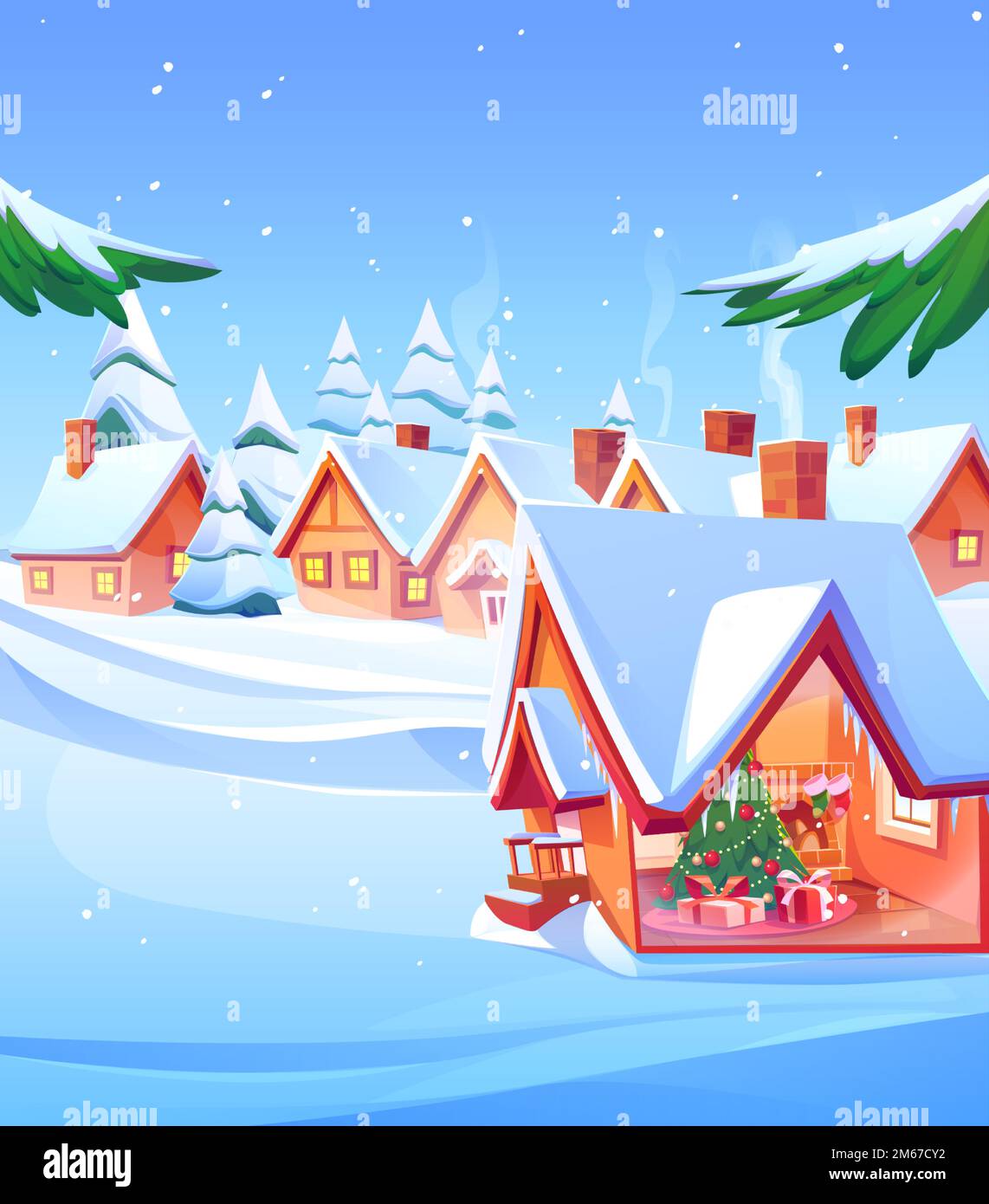 Winter village landscape with decorated Christmas tree and gifts inside ...