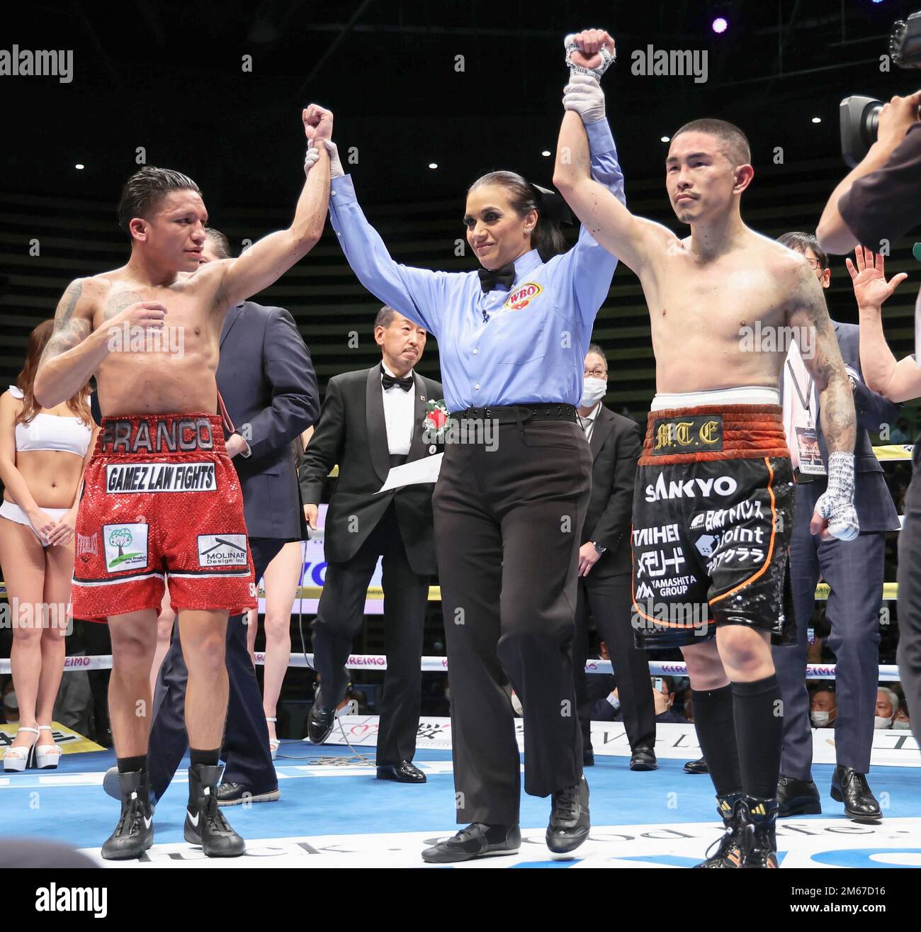 WBO super flyweight champion Kazuto Ioka (R) of Japan and WBA titleholder Joshua Franco of the ...
