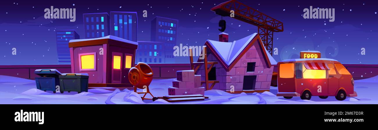 Winter night landscape with construction site. Building site with house ...