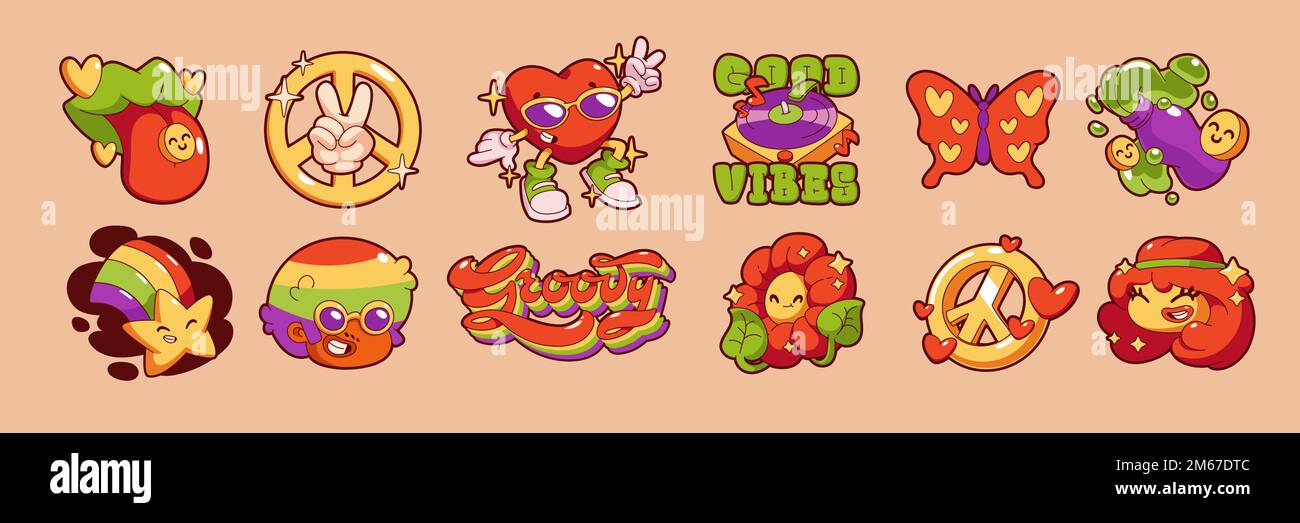 Groovy stickers, hippie icons with flower, rainbow, butterfly, peace ...