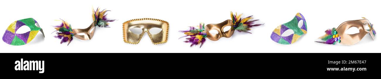 Collage of bright carnival masks on white background Stock Photo - Alamy