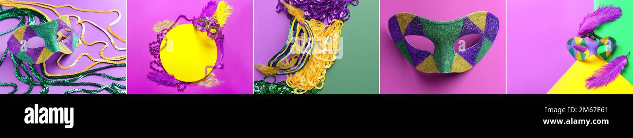 Collage with festive masks and decor on color background. Mardi Gras ...