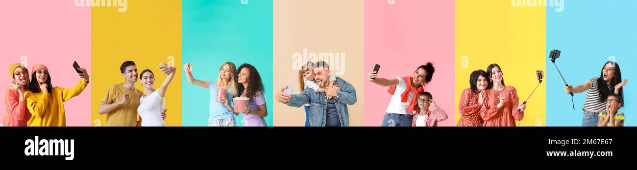 Collage of happy people with mobile phones taking selfie on color ...