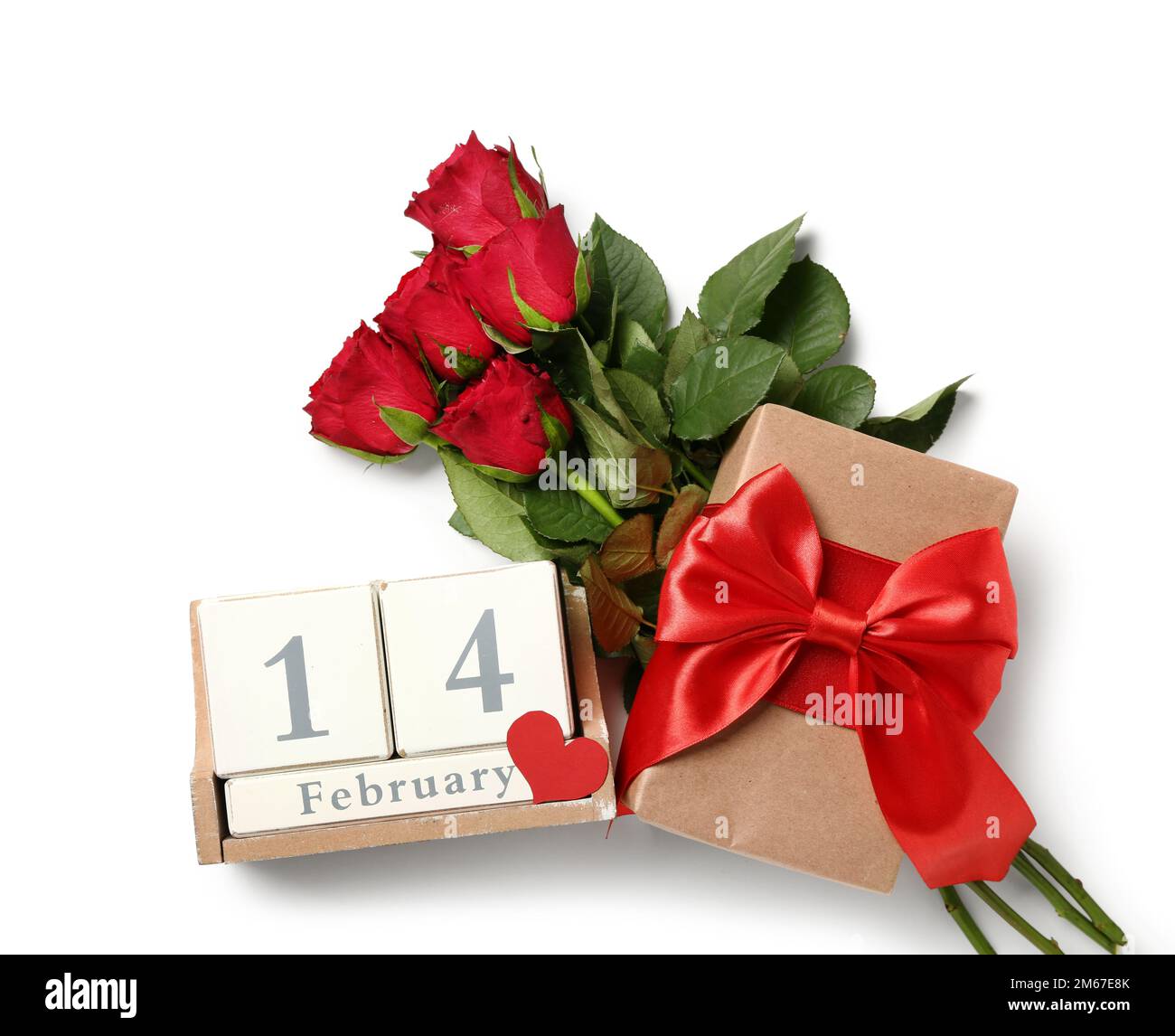 Calendar with date 14 FEBRUARY, roses, gift and hearts on white ...