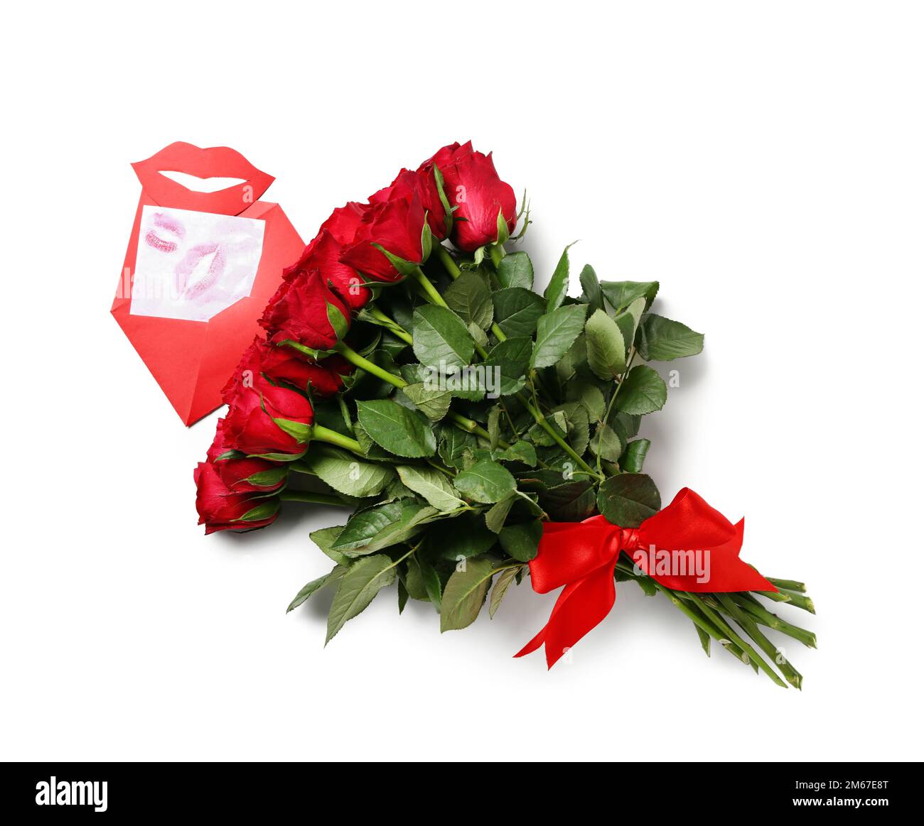 Red roses, envelope with lipstick kisses and paper lips on white ...