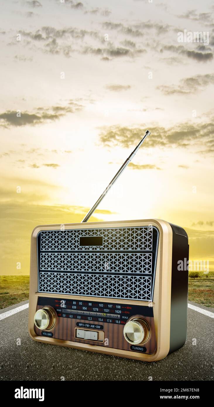 Old radio with sunset scene background. World Radio Day Stock Photo - Alamy