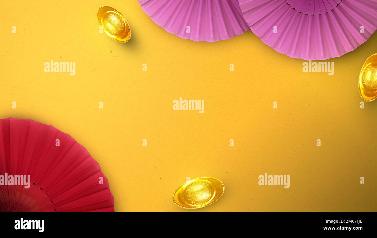 Colorful Chinese fan with Chinese gold ingot on a colored background ...