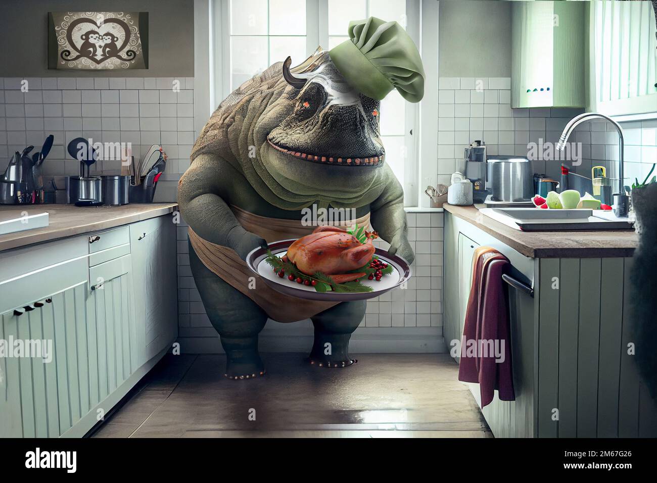 cute green monster dinosaur chef cooks turkey or duck chicken in the ...