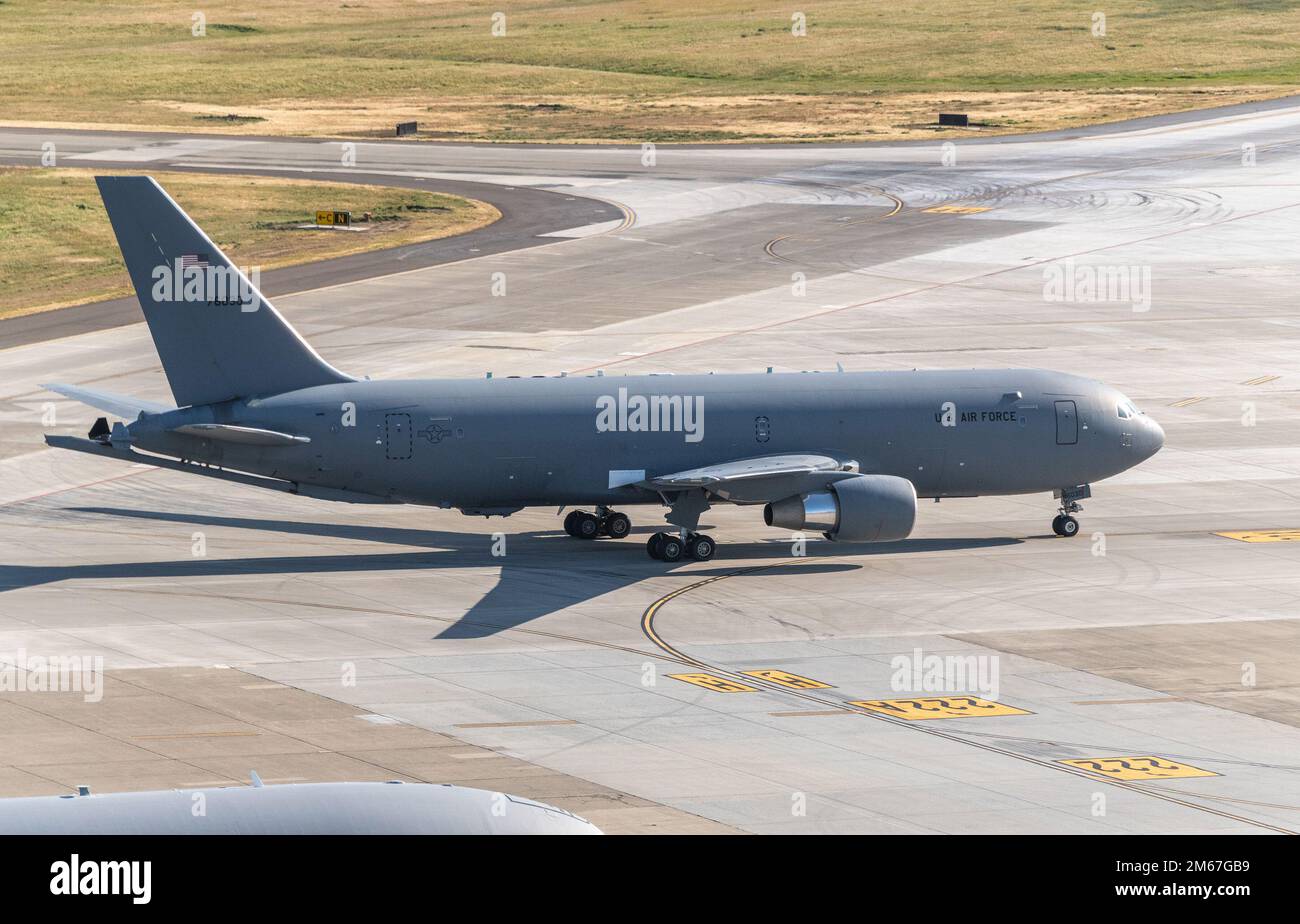 A U.S. Air Force KC-46A Pegasus taxies off the runway at Travis Air ...