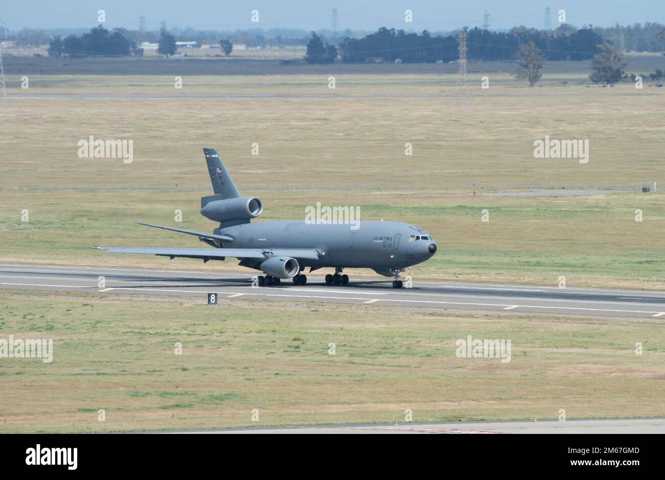 A U.S. Air Force KC-10 Extender taxies off the runway at Travis Air ...