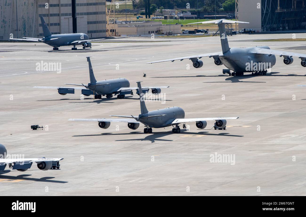 U.S. Air Force “Heavies” aircraft are parked on the flight at Travis ...