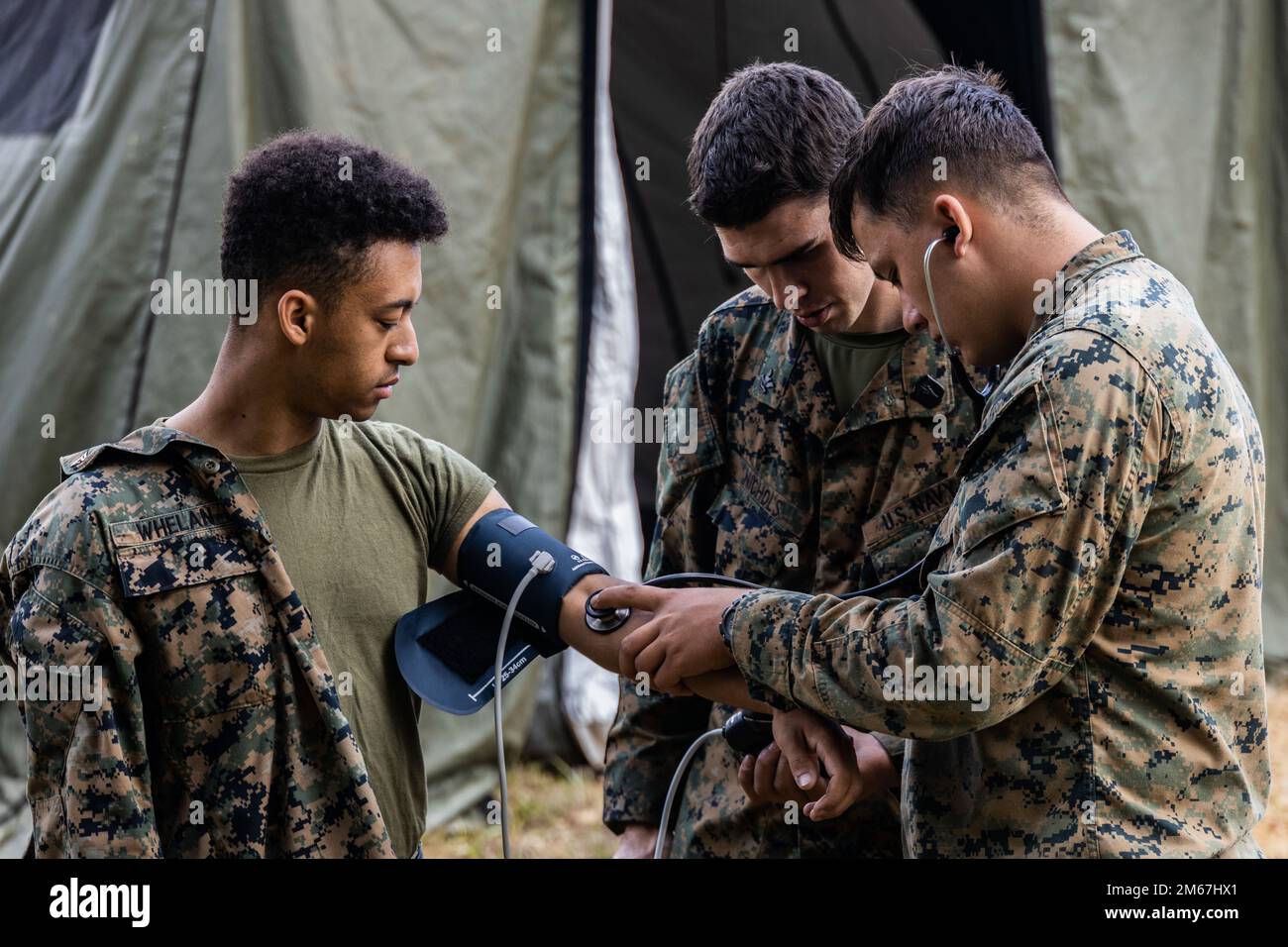 U.S. Navy Petty Officer 2nd Class Joseph Nichols, middle, a hospital ...