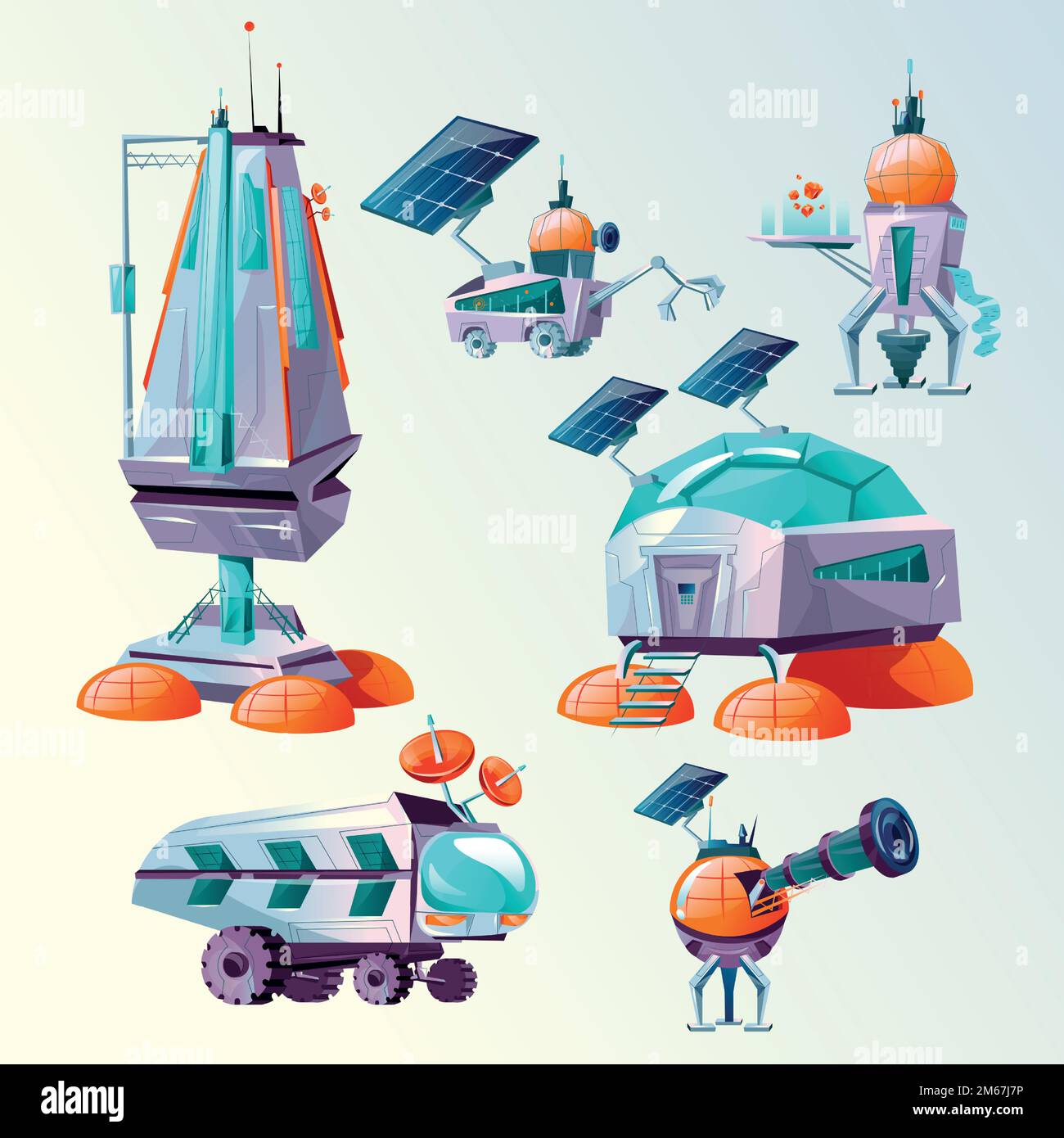 Space planet colonization vector cartoon set. Futuristic technology, sci-fi construction, space ...